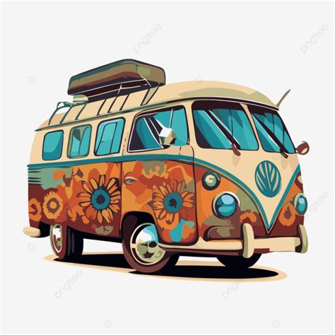 히피 버스 벡터 스티커 클립 아트 지붕 만화에 꽃과 캠핑 텐트와 다채로운 Vw 캠퍼 밴 상표 클립 아트 Png 일러스트