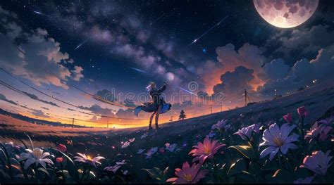 Illustration Of A Moonlit Night Anime Style In Flowery Field Stock Illustration Illustration