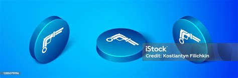 파란색 배경에 격리 된 등색 빈티지 권총 아이콘 고대 무기 파란색 원 버튼입니다 벡터 3차원 형태에 대한 스톡 벡터 아트 및 기타 이미지 3차원 형태 개척시대의 서부