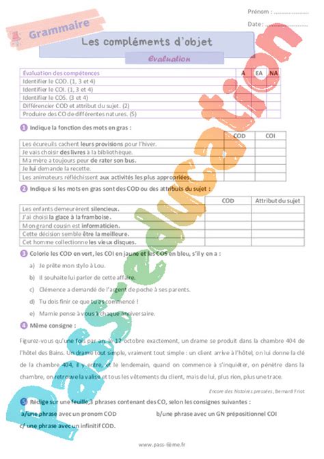 Les Compléments Dobjet Evaluation De Grammaire Pour La 6ème Cycle