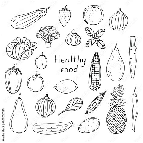 Vegetables And Fruits Healthy Food Set Vector Illustration Hand