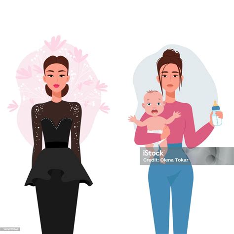 아이가 없는 개념 팔에 우는 아기를 안고 피곤한 여자 화장을 한 이브닝 드레스를 입은 아름답고 깔끔한 여자 평면 벡터 그림 20 29세에 대한 스톡 벡터 아트 및 기타