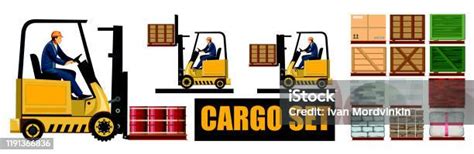 포크 리프트 벡터 상자 벽돌 돌 배럴 골판지 포장 가방 시멘트를적재 화물 팔레트 로더 나무 팔레트입니다 창고에서 의 싣고 내리는 것 물류용 로더 만화에 대한 스톡 벡터 아트