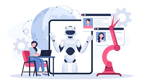 로봇 공학 학교 과목 온라인 태블릿 화면에 로봇 근처에 노트북을 가진 여자 현대 기술과 혁신 인공 지능 및 프로세스 자동화 평면 벡터 일러스트 레이 션 Brand Name