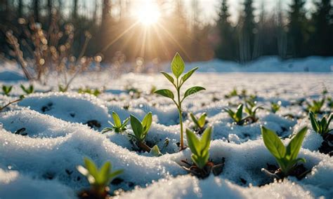 A Small Plant Sprouts From The Snow In A Field Stock Illustration