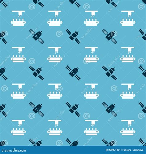 Set Satellite And Factory Conveyor System Belt On Seamless Pattern Vector Stock Vector