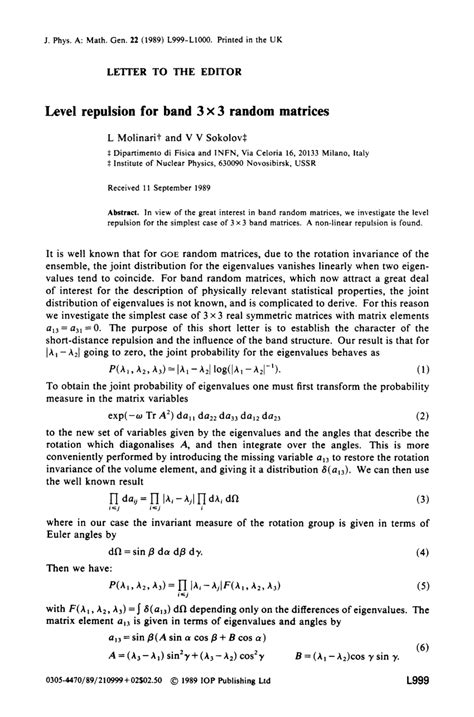 Pdf Level Repulsion For Band 3 × 3 Random Matrices