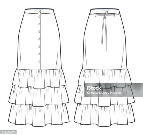 티어드 스커트 테크니컬 패션 일러스트레이션 스커트 패션 플랫 스케치 템플릿 주름 맥시 길이 버튼 업 지퍼 업 전면보기 화이트 Cad 모형 세트의 세트 벡터에 대한 스톡 벡터