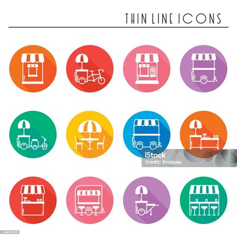 길거리 음식 소매 얇은 라인 아이콘을 설정합니다 식품 트럭 키오스크 트롤리 바퀴 시장 축 사 모바일 카페 상점 텐트 무역 카트 벡터 스타일 선형 아이콘입니다 고립 된