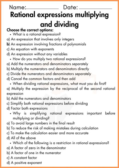 Rational Expressions Multiplying And Dividing Worksheets