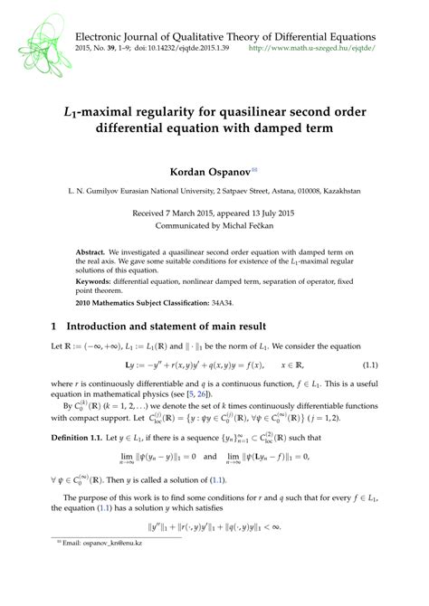 PDF L Maximal Regularity For Quasilinear Second Order Differential Equation With Damped Term