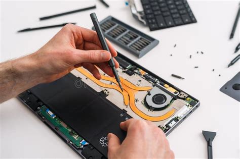 Pov Man Repairing His Laptop Using A Screwdriver Stock Image Image Of Install Notebook 338540591