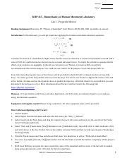 LAB Projectile Motion Handout Docx Section Name KHP Biomechanics Of Human Movement