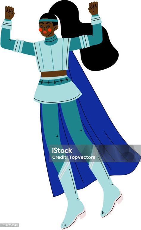 파란색 슈퍼 히어로 의상과 케이프 슈퍼 소녀 캐릭터 벡터 일러스트 레이 션에서 젊은 아프리카계 미국인 여자 개념에 대한 스톡 벡터 아트 및 기타 이미지 Istock