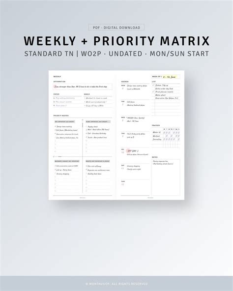 Standard Tn Undated Weekly Planner With Priority Matrix Printable