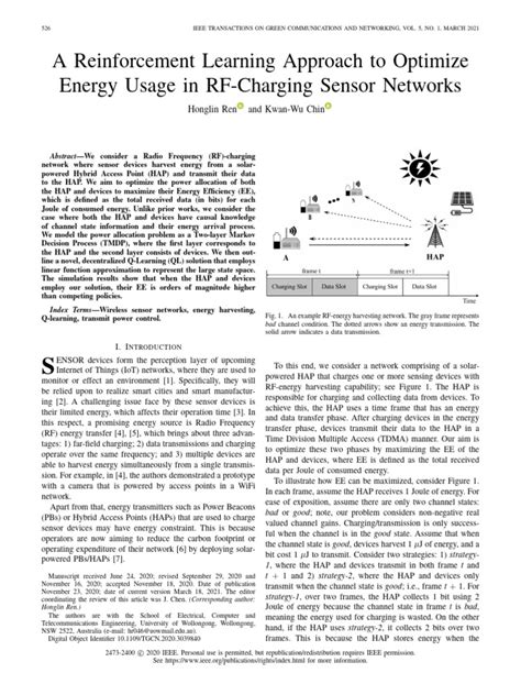 A Reinforcement Learning Approach To Optimize Energy Usage In Rf Charging Sensor Networks Pdf