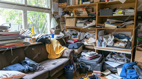 A Cluttered Living Room With A Couch Shelves And Overflowing Bins