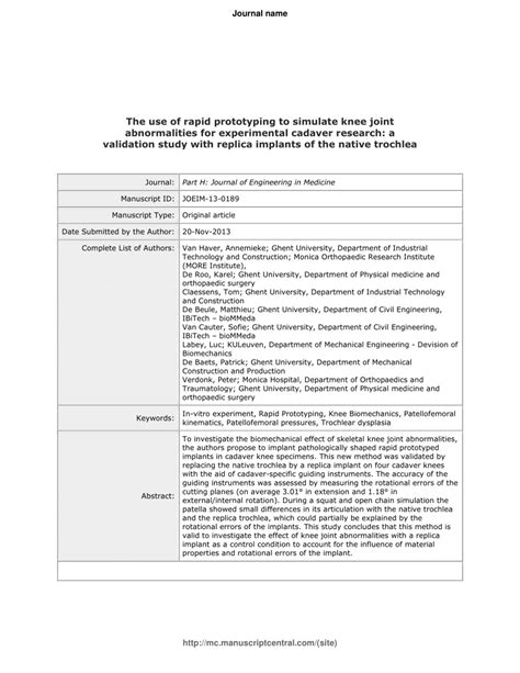 Pdf The Use Of Rapid Prototyped Implants To Simulate Knee Joint Abnormalities For In Vitro