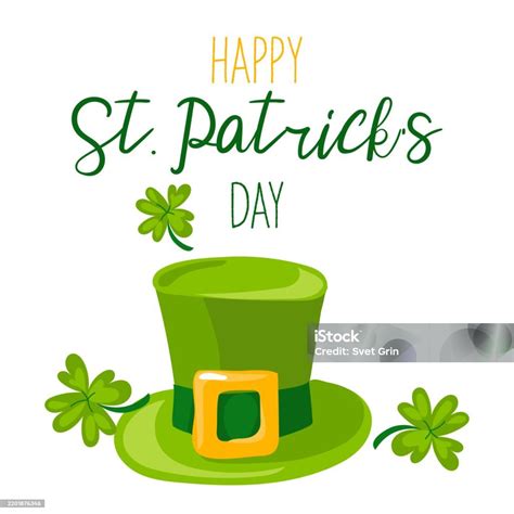 재미있는 해피 성 패트릭 데이 비문과 포스터 전단지 엽서 초대장 스티커 배너 선물을위한 녹색 레프 러콘 모자 현대 아일랜드 사람의 벡터 그림입니다 정사각형 0명에 대한 스톡