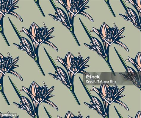 백합 꽃과 원활한 꽃 패턴 손으로 그린 잉크 일러스트 벡터 패턴입니다 섬유 천 벽지 스크랩북 인쇄 꽃 나무에 대한 스톡 벡터