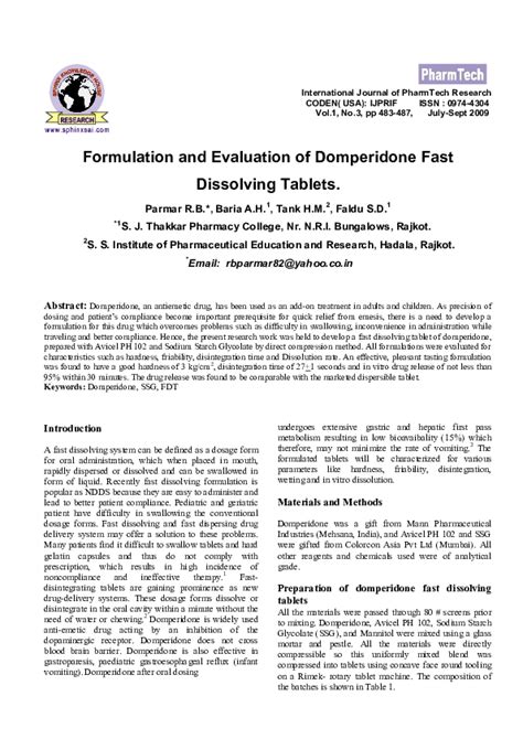 Pdf Formulation And Evaluation Of Domperidone Fast Dissolving Tablets