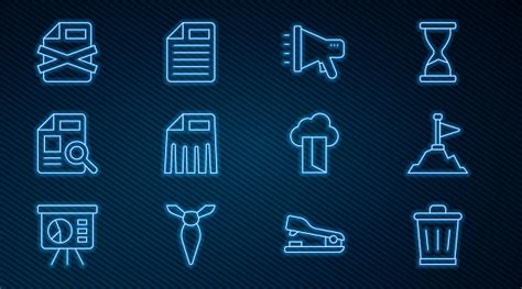 세트 휴지통 수 상단에 플래그가있는 산 메가 폰 종이 분쇄기 문서 그래프 차트 파일 문서 삭제 클라우드 데이터베이스 및 파일 아이콘 벡터 거절에 대한 스톡 벡터 아트 및