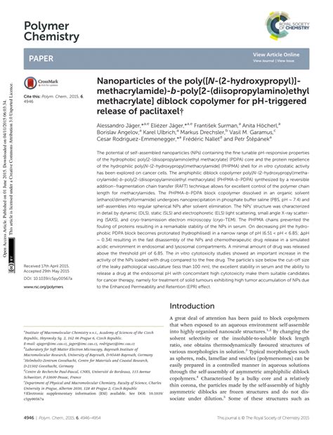 Pdf Nanoparticles Of Poly N 2 Hydroxypropyl Methacrylamide B Poly