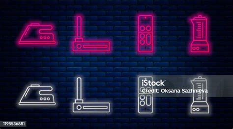 설정 라인 라우터 및 와이파이 신호 원격 제어 전기 철 및 블렌더 벽돌 벽에 빛나는 네온 아이콘입니다 벡터 0명에 대한 스톡