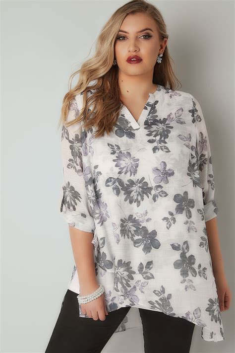 White Purple And Grey Floral Print Layered Blouse With Notch Neck And Dipped Hem Plus Size 16 To 36