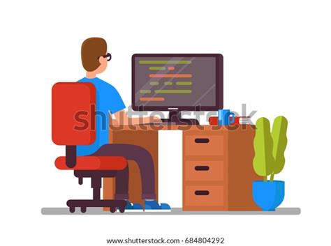 Programmer Man Coding At Work Flat Style Vector Illustration Isolated