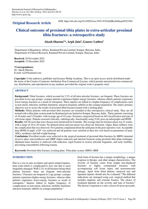 Pdf Clinical Outcome Of Proximal Tibia Plates In Extra Articular Proximal Tibia Fractures A