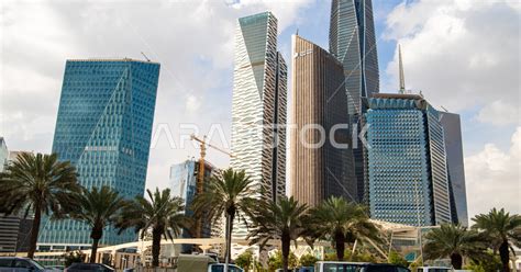 Traffic Congestion In The Roads Of The City Of Riyadh Planting Green Palm Trees Next To The