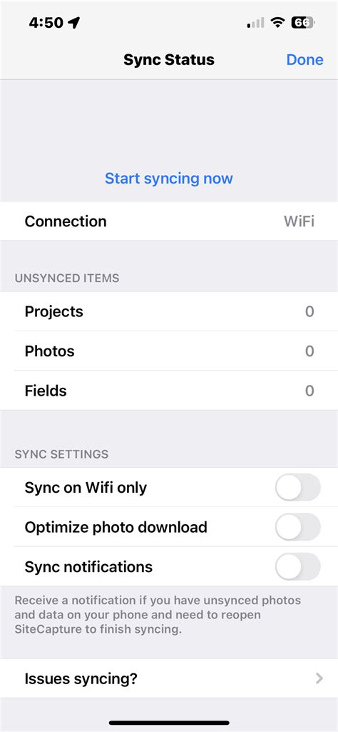 Syncing Sync Status Screen And Sync Settings SiteCapture