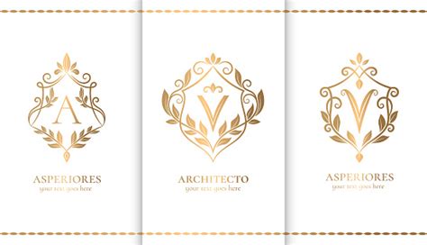 골든 쉴드 로고 세트 보석 미용 및 패션 산업에 사용할 수 있습니다 엠블럼 모노그램 초대 전단지 메뉴 브로셔 배경 또는 원하는 아이디어에 적합합니다 0명에 대한 스톡 벡터