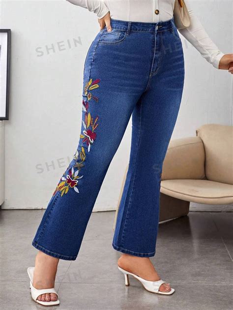 Shein Lune Plus Plants Embroidery Flare Leg Jeans Shein Usa