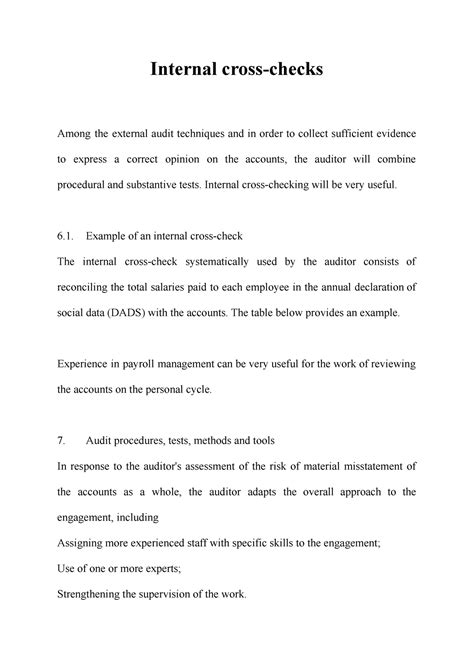Internal Cross Checks Internal Cross Checks Among The External Audit