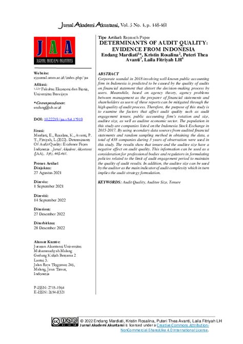 Pdf Determinants Of Audit Quality Evidence From Indonesia