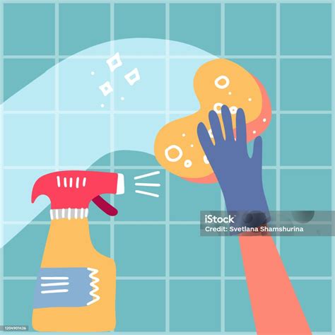 욕실이나 부엌에서 스폰지 세척 벽 청소 서비스 세탁 스폰지 주방 부엌 과 목욕 청소 도구 Accestories 플랫 스타일의 벡터 일러스트레이션 가사 집안일에 대한 스톡