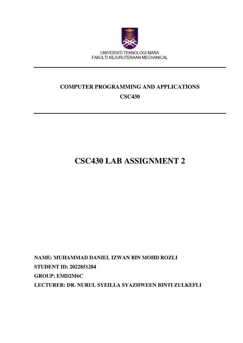 CSC430 LAB Assignment 2 PDF Mechanical Hons Engineering UiTM