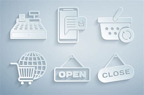 문 열기 장바구니 새로 고침 장바구니 글로브 닫기 모바일 및 금전 등록기 아이콘으로 교수형 기호를 설정합니다 벡터 3차원 형태에 대한 스톡 벡터 아트 및 기타 이미지