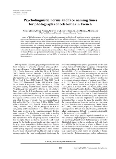 Pdf Psycholinguistic Norms And Face Naming Times For Photographs Of Celebrities In French