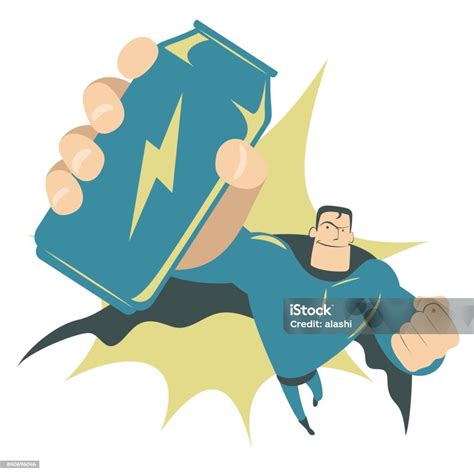 멋진 복고풍 스타일 강한 슈퍼 히어로 비행 미소 및 지주 거 대 한 에너지 음료 수 있습니다 에너지 음료에 대한 스톡 벡터 아트