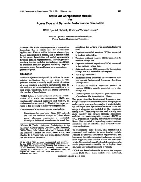 Static Var Compensator Models For Power Flow And Dynamic