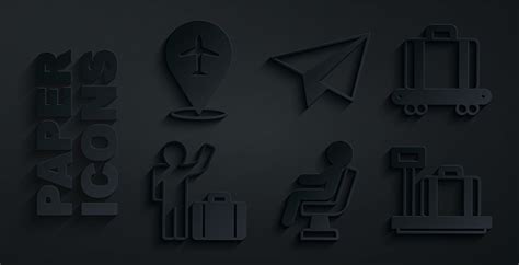 공항 터미널 여행 가방 관광 규모 종이 비행기 및 비행기 아이콘이있는 컨베이어 벨트에서 대기하는 인간을 설정합니다 벡터 3차원 형태에 대한 스톡 벡터 아트 및 기타 이미지