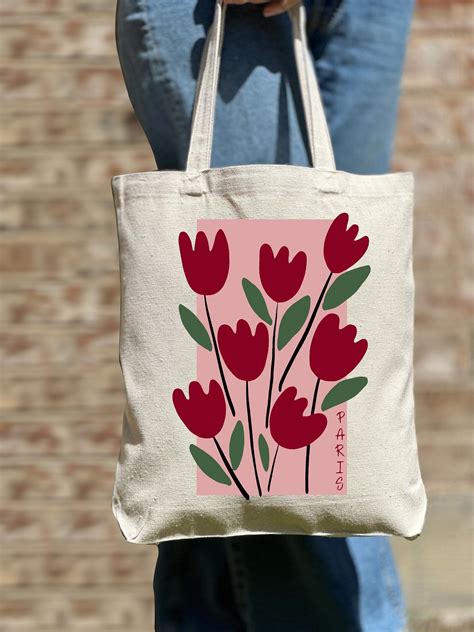 Paris Tulip Flower Tote Bag Woman Floral Tote Bag Shoulder Bag Flower Tote Bag Aesthetic Bag