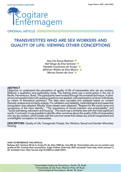 Pdf Transvestites Who Are Sex Workers And Quality Of Life Viewing Other Conceptions
