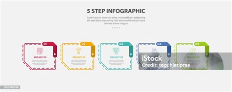 슬라이드 프리젠 테이션을위한 크리 에이 티브 화살표 헤더 가장자리가있는 칩 상자 컨테이너가있는 5 포인트 템플릿 인포 그래픽