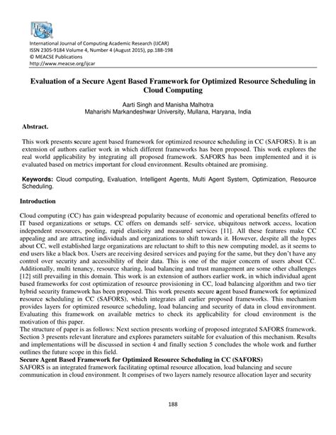 Pdf Evaluation Of A Secure Agent Based Framework For Optimized Resource Scheduling In Cloud
