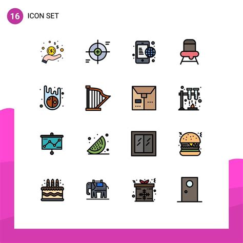 Mobile Interface Flat Color Filled Line Set Of 16 Pictograms Of Asteroid Feeding Target Chair
