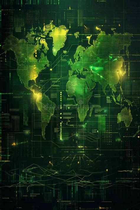 Futuristic Digital World Map With Glowing Green Data Points And Copy